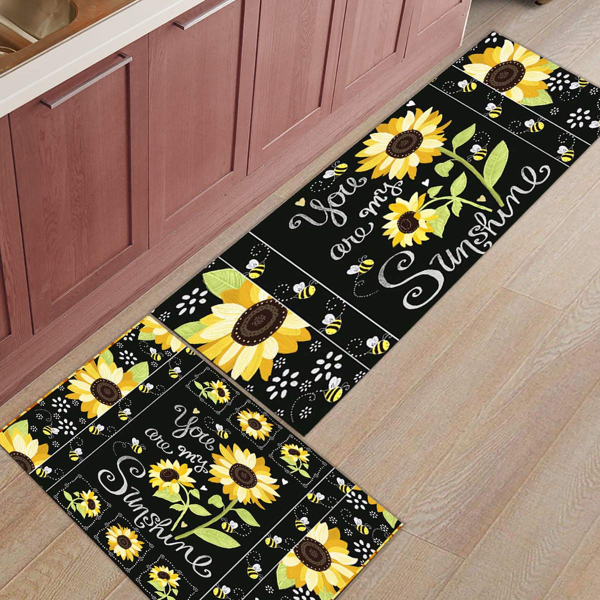 SODIKA Kitchen Rugs and Mats Non Slip Cushioned Anti Fatigue Machine Washable 2 Pieces Rug Set Kitchen Mats for Floor,You are My Sunflowers and Bees Framed Design (15.7"x23.6"+15.7"x47.2" inches)