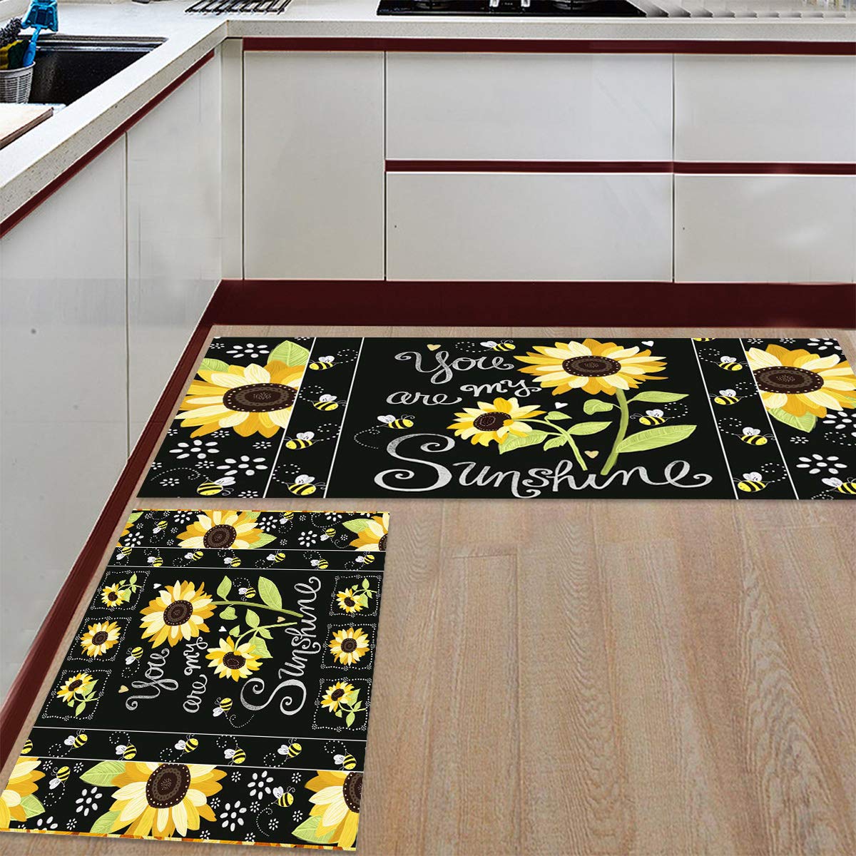 SODIKA Kitchen Rugs and Mats Non Slip Cushioned Anti Fatigue Machine Washable 2 Pieces Rug Set Kitchen Mats for Floor,You are My Sunflowers and Bees Framed Design (15.7"x23.6"+15.7"x47.2" inches)