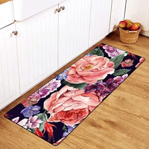 retro roses kitchen rug non-slip kitchen mats blue wildflower bath runner doormats area mat rugs carpet for home decor 39" x 20"