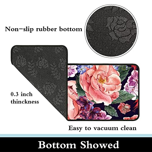 Retro Roses Kitchen Rug Non-Slip Kitchen Mats Blue Wildflower Bath Runner Doormats Area Mat Rugs Carpet for Home Decor 39" X 20"