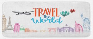 ambesonne saying kitchen mat, travel the world lettering around globe landmarks balloons work of art image, plush decorative kitchen mat with non slip backing, 47" x 19", blue grey