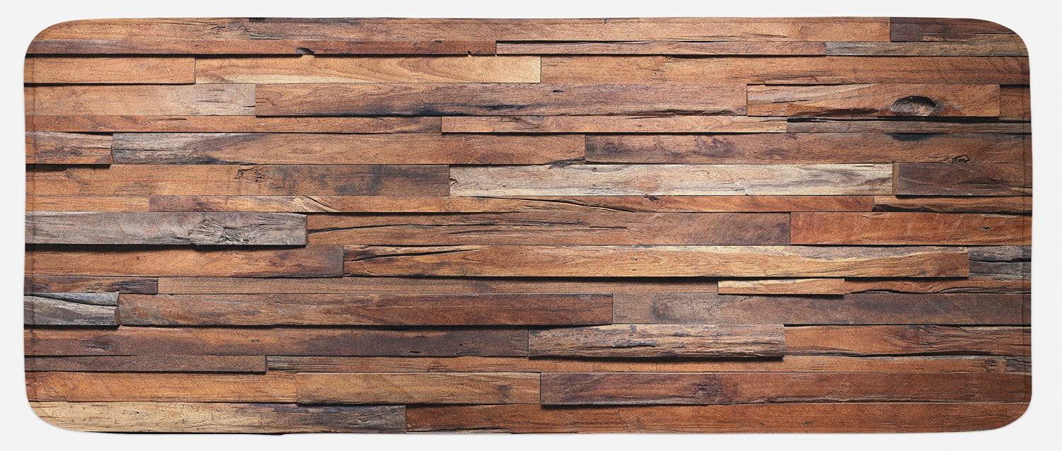 Lunarable Wooden Kitchen Mat, Old Ruined Rustic Planks in Horizontal Order Construction Country House Picture, Plush Decorative Kitchen Mat with Non Slip Backing, 47" X 19", Cinnamon Umber