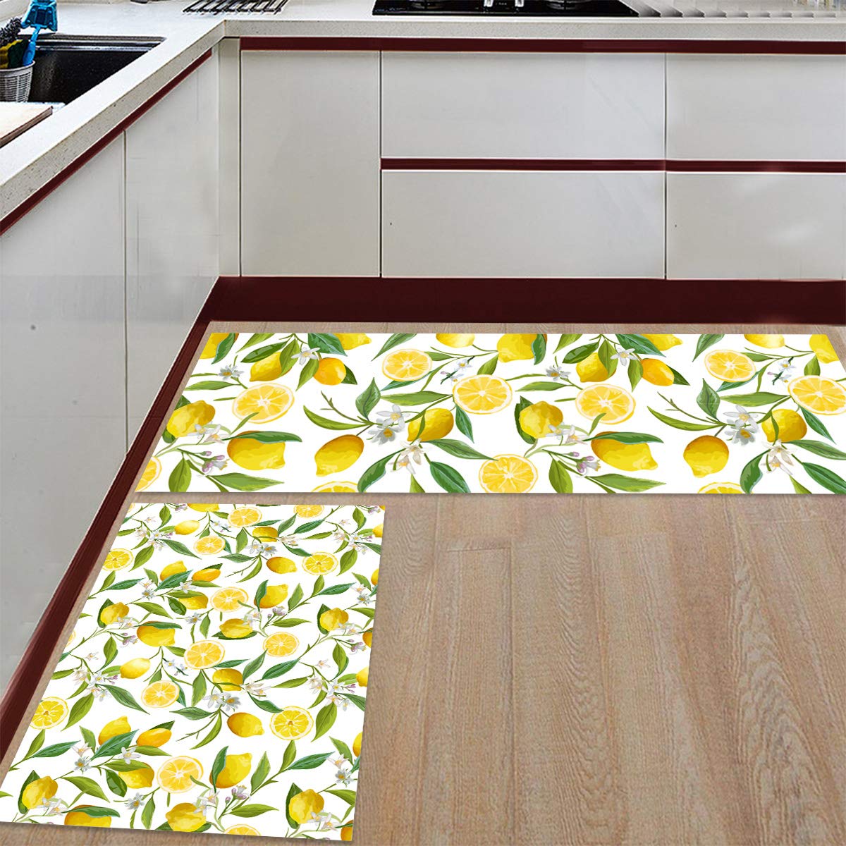 Lemon Kitchen Mats for Floor Cushioned Anti Fatigue 2 Piece Set Kitchen Runner Rugs Non Skid Washable Natural Furit Green Leaves 15.7x23.6+15.7x47.2inch