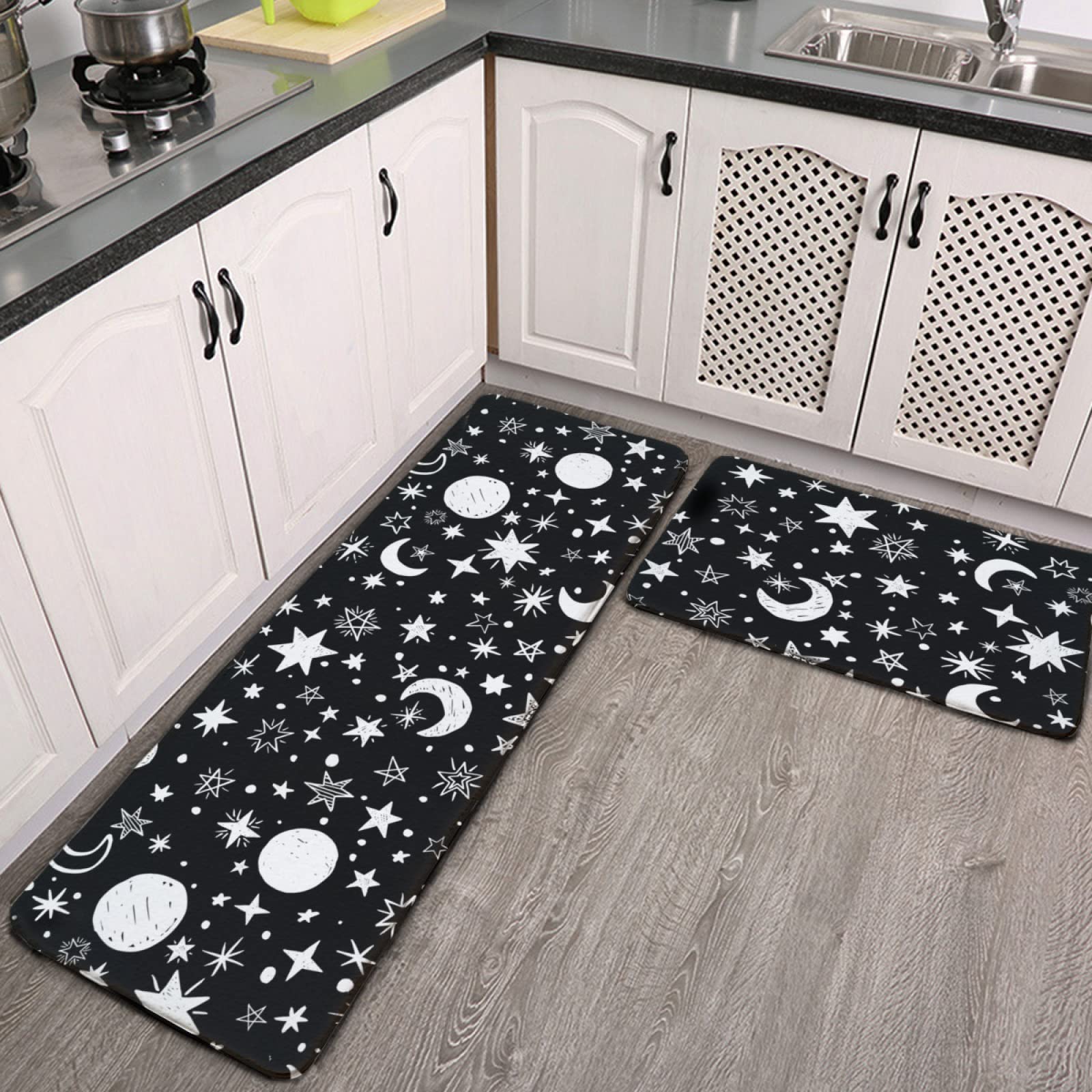 YouTary Black White Moon and Star Pattern Kitchen Rug Set 2 PCS Floor Mats Washable Non-Slip Soft Flannel Runner Rug Doormat Carpet for Floor Home Bathroom, 17" x 47"+17" x 24"-M