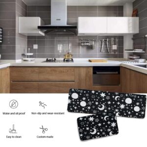 YouTary Black White Moon and Star Pattern Kitchen Rug Set 2 PCS Floor Mats Washable Non-Slip Soft Flannel Runner Rug Doormat Carpet for Floor Home Bathroom, 17" x 47"+17" x 24"-M