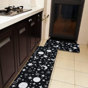 YouTary Black White Moon and Star Pattern Kitchen Rug Set 2 PCS Floor Mats Washable Non-Slip Soft Flannel Runner Rug Doormat Carpet for Floor Home Bathroom, 17" x 47"+17" x 24"-M