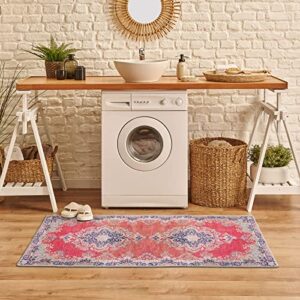 DECOMALL Washable Kitchen Rugs and Mets Set, 2 Piece Kitchen Rug Runner with Rubber Backing Non-Slip, Red Rug for Washroom, Door Mat, Sink, Laundry, Hallway, Machine Washable Mat ThinRed