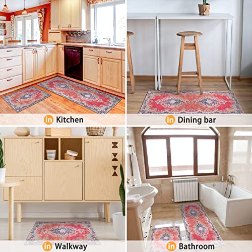 DECOMALL Washable Kitchen Rugs and Mets Set, 2 Piece Kitchen Rug Runner with Rubber Backing Non-Slip, Red Rug for Washroom, Door Mat, Sink, Laundry, Hallway, Machine Washable Mat ThinRed