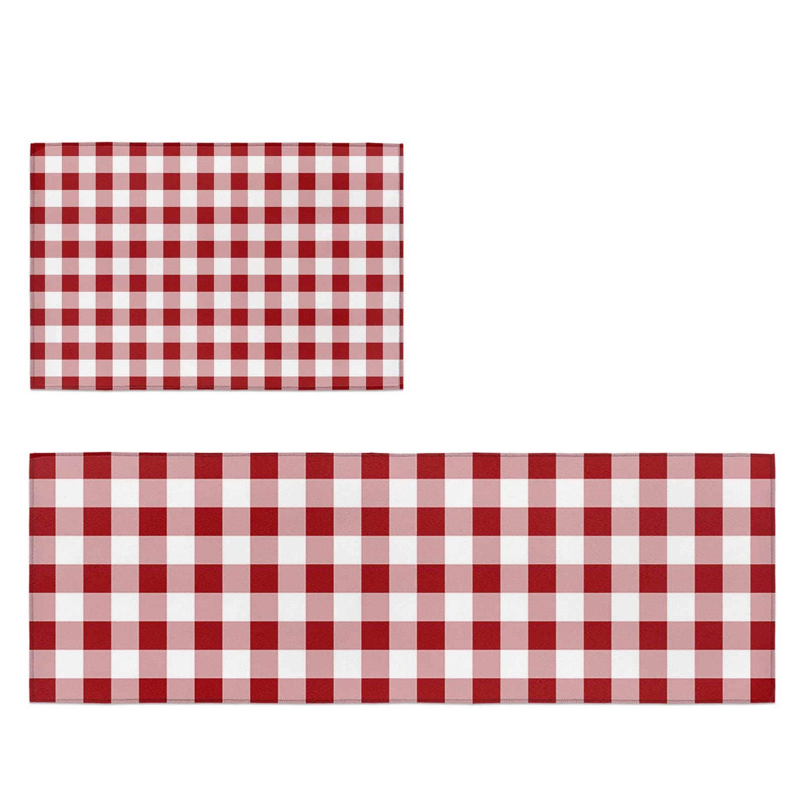 IDOWMAT Kitchen Rug Sets of 2 - Absorbent Non-Slip Kitchen Mats Farmhouse Red White Buffalo Checkered Plaid Floor Comfort Mats Doormat for Kitchen Office Laundry 15.7x23.6in + 15.7x47.2in