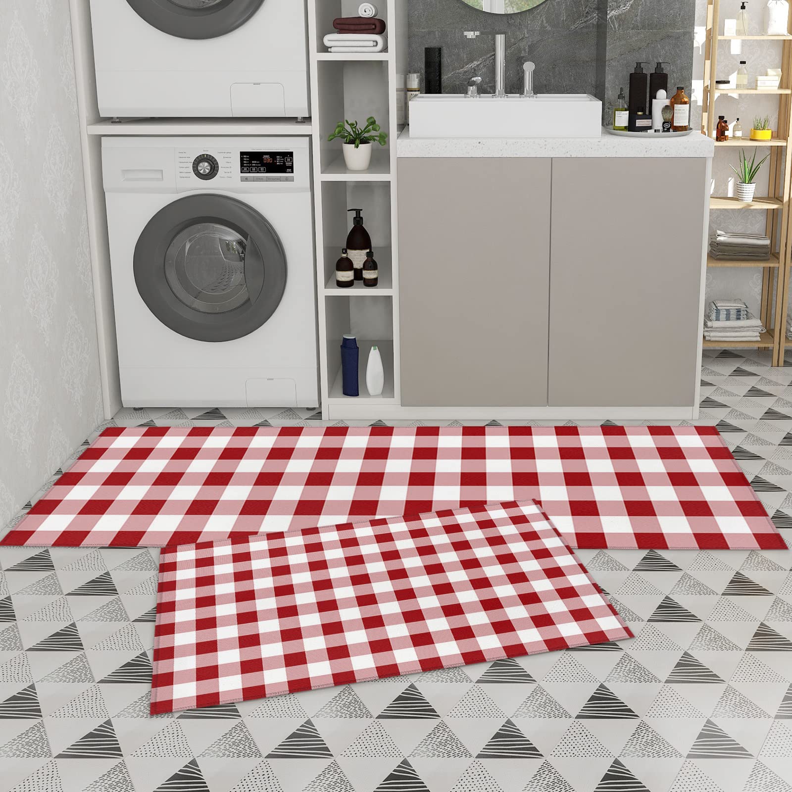 IDOWMAT Kitchen Rug Sets of 2 - Absorbent Non-Slip Kitchen Mats Farmhouse Red White Buffalo Checkered Plaid Floor Comfort Mats Doormat for Kitchen Office Laundry 15.7x23.6in + 15.7x47.2in