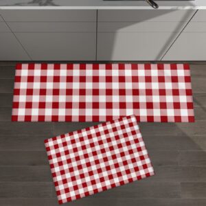 IDOWMAT Kitchen Rug Sets of 2 - Absorbent Non-Slip Kitchen Mats Farmhouse Red White Buffalo Checkered Plaid Floor Comfort Mats Doormat for Kitchen Office Laundry 15.7x23.6in + 15.7x47.2in