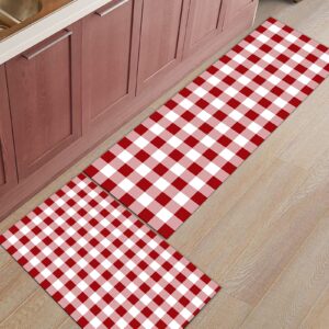 IDOWMAT Kitchen Rug Sets of 2 - Absorbent Non-Slip Kitchen Mats Farmhouse Red White Buffalo Checkered Plaid Floor Comfort Mats Doormat for Kitchen Office Laundry 15.7x23.6in + 15.7x47.2in