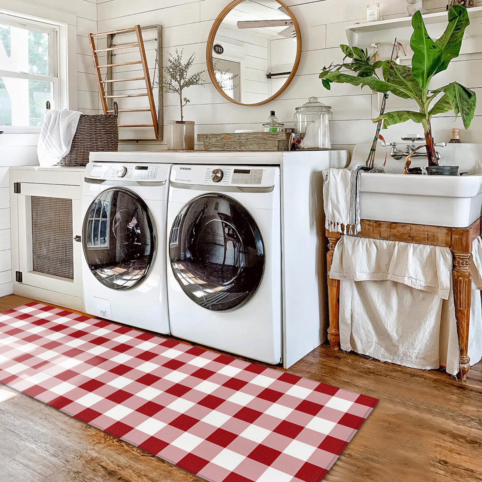 IDOWMAT Kitchen Rug Sets of 2 - Absorbent Non-Slip Kitchen Mats Farmhouse Red White Buffalo Checkered Plaid Floor Comfort Mats Doormat for Kitchen Office Laundry 15.7x23.6in + 15.7x47.2in