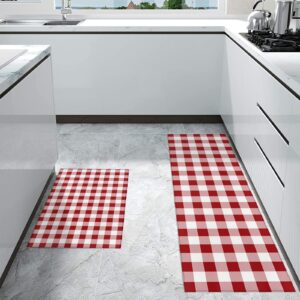 IDOWMAT Kitchen Rug Sets of 2 - Absorbent Non-Slip Kitchen Mats Farmhouse Red White Buffalo Checkered Plaid Floor Comfort Mats Doormat for Kitchen Office Laundry 15.7x23.6in + 15.7x47.2in