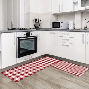 IDOWMAT Kitchen Rug Sets of 2 - Absorbent Non-Slip Kitchen Mats Farmhouse Red White Buffalo Checkered Plaid Floor Comfort Mats Doormat for Kitchen Office Laundry 15.7x23.6in + 15.7x47.2in