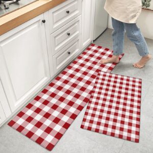 IDOWMAT Kitchen Rug Sets of 2 - Absorbent Non-Slip Kitchen Mats Farmhouse Red White Buffalo Checkered Plaid Floor Comfort Mats Doormat for Kitchen Office Laundry 15.7x23.6in + 15.7x47.2in