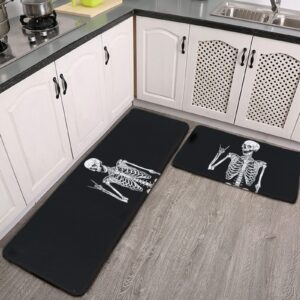 youtary rock and roll skeleton skull boho hippie pattern kitchen rug set 2 pcs floor mats washable non-slip soft flannel runner rug doormat carpet for kitchen bathroom laundry