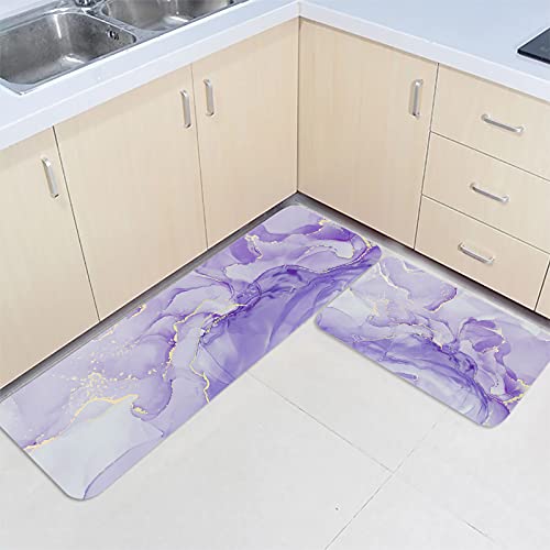 Kitchen Mat Set of 2,Marble Purple Non Slip Kitchen Rugs and Mats for Floor,Gradient Abstract Painting Golden Line Absorbent Bath Runner Rug Set Washable Floor Mats for Home Entrance/Kitchen Sink