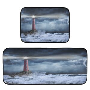 xigua 2 pieces stormy landscape lighthouse kitchen rugs and mats set absorbent soft microfiber bath mat non-slip doormat laundry runner set, 19.7"x47.2"+19.7"x27.6"