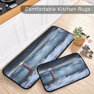 xigua 2 Pieces Stormy Landscape Lighthouse Kitchen Rugs and Mats Set Absorbent Soft Microfiber Bath Mat Non-Slip Doormat Laundry Runner Set, 19.7"x47.2"+19.7"x27.6"