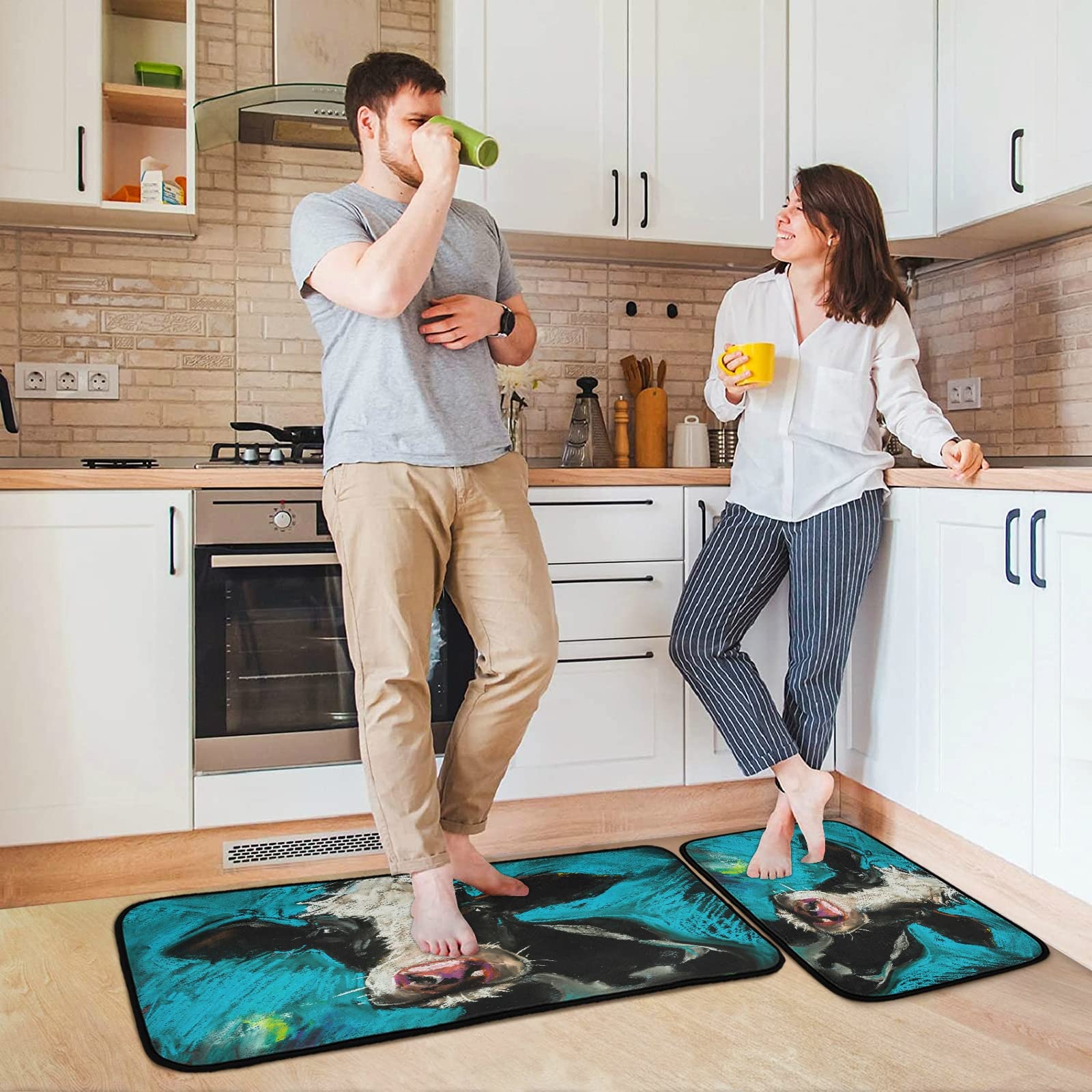 Kitchen Rugs and Mats 2 Pieces Farm Dairy Cow Blue Anti Fatigue Kitchen Rug Set Non Slip Bath Mat Entry Floor Carpet Entrance Door Mat Runner 20"x28"+20"x47" 20"x28"+20"x47"