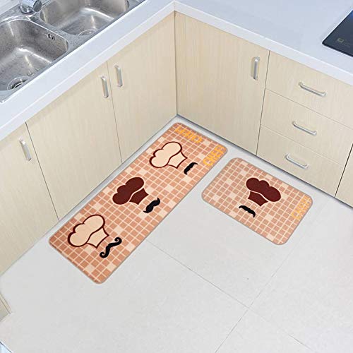 Outamateur Kitchen Rugs Set of 2, Kitchen Runner Rugs Soft Kitchen Mat Runner Carpet Set Bath Rug Doormat, Non-Slip Durable and Spill Resistant 16”x24”+16”x47” (Chef Hat Pattern Light Brown)