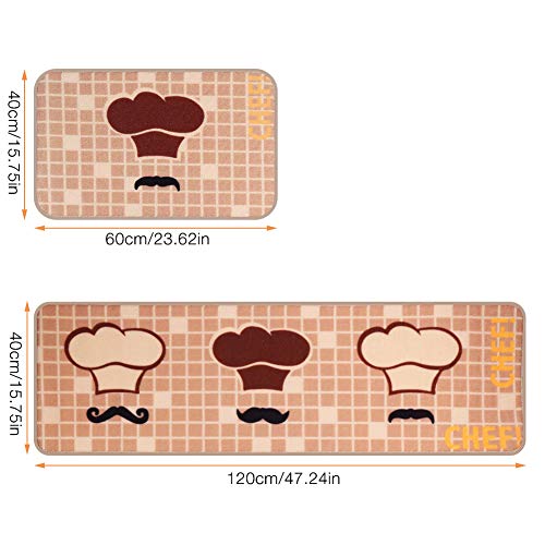 Outamateur Kitchen Rugs Set of 2, Kitchen Runner Rugs Soft Kitchen Mat Runner Carpet Set Bath Rug Doormat, Non-Slip Durable and Spill Resistant 16”x24”+16”x47” (Chef Hat Pattern Light Brown)