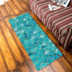 Gold Plaid Antifatigue Kitchen Bath Door Mat Cushioned Runner Rug,Washable Welcome Floor Sink Mat,Abstract Marble Green Blue Waterproof & Non-Slip Comfort Standing Doormat for Kitchen,18"x59"