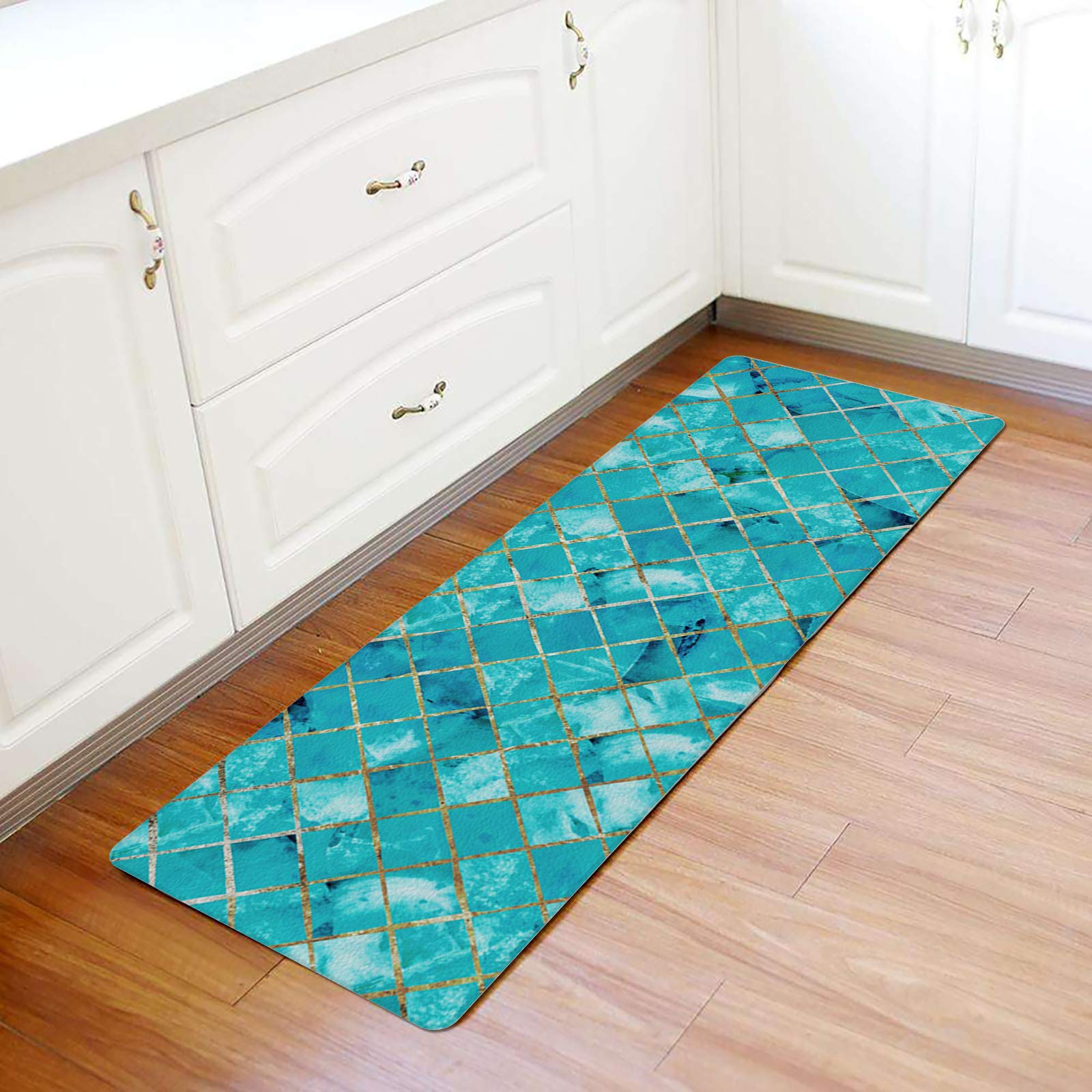 Gold Plaid Antifatigue Kitchen Bath Door Mat Cushioned Runner Rug,Washable Welcome Floor Sink Mat,Abstract Marble Green Blue Waterproof & Non-Slip Comfort Standing Doormat for Kitchen,18"x59"