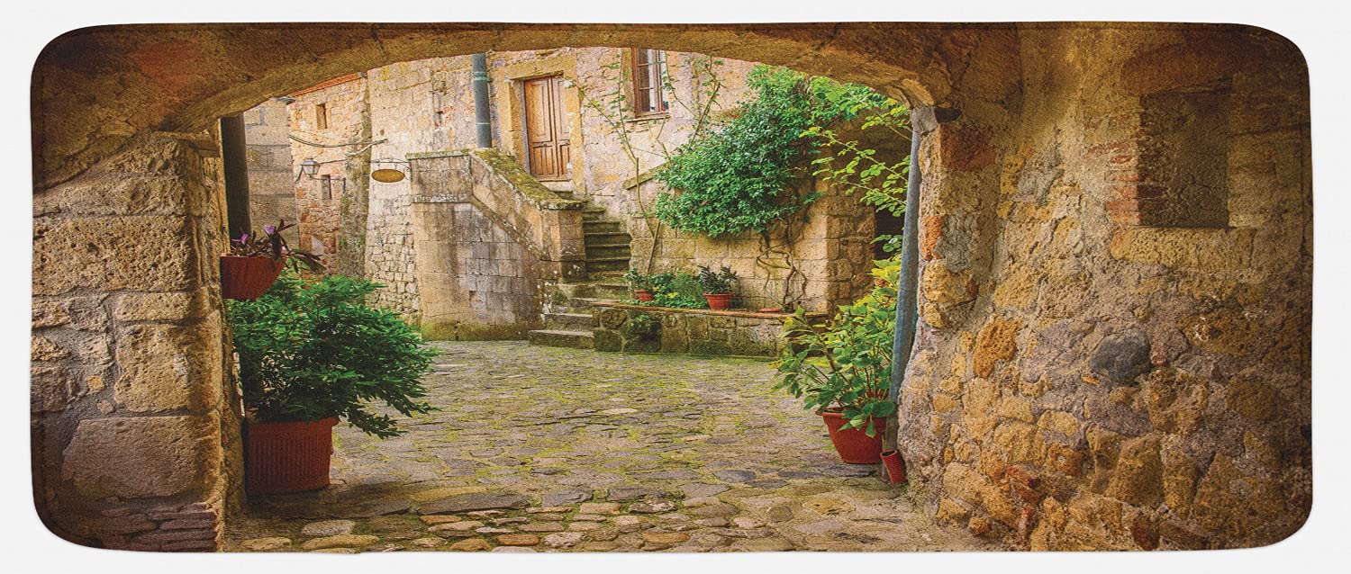 Lunarable Scenery Kitchen Mat, Landscape from Another Door Antique Style Stone Village Tuscany Italian Valley, Plush Decorative Kitchen Mat with Non Slip Backing, 47" X 19", Pale Brown