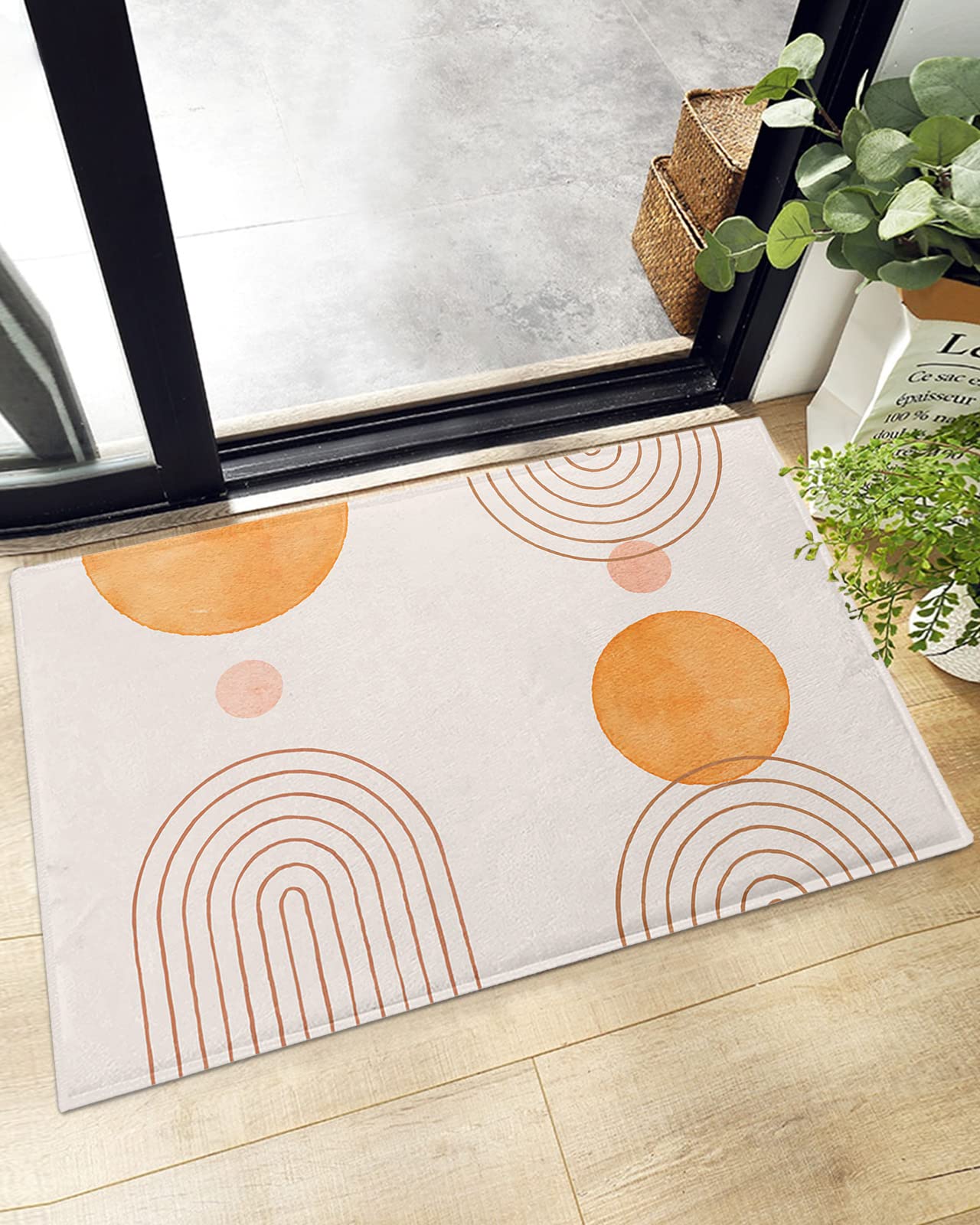 Indoor Doormat Boho Sun Mid Century Abstract Geometric,Shaggy Floor Mat with Non-Skid Backing Modern Minimalist Art,Machine Washable Plush Area Rug Carpets for Kitchen Nursery Bedroom 20x3in