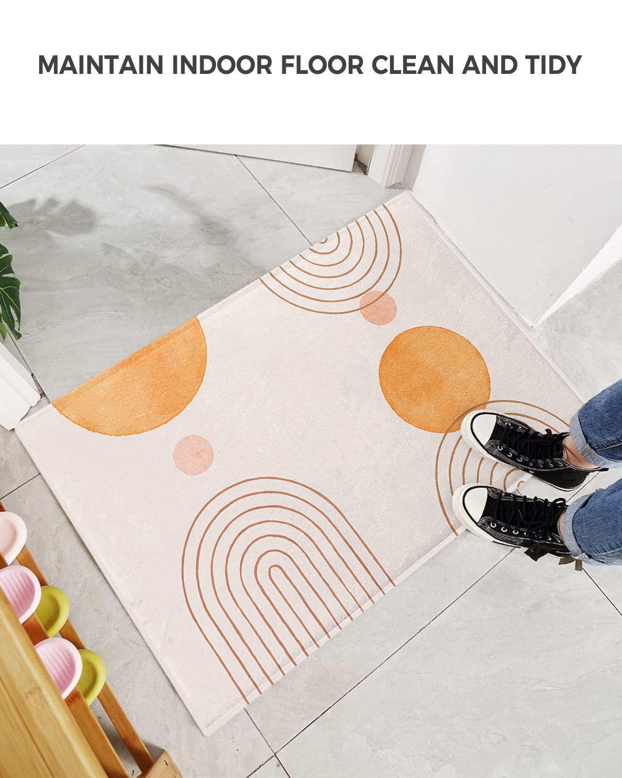 Indoor Doormat Boho Sun Mid Century Abstract Geometric,Shaggy Floor Mat with Non-Skid Backing Modern Minimalist Art,Machine Washable Plush Area Rug Carpets for Kitchen Nursery Bedroom 20x3in