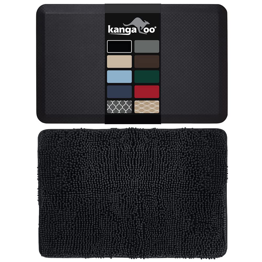 Kangaroo Anti Fatigue Cushion Mat and Chenille Bath Rug, Antifatigue Mat Size 24x17, Foam Pad Relieves Pressure, Bath Rug Size 36x24, Machine Washable, Both in Black, 2 Item Bundle