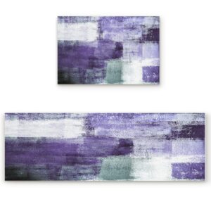 2 pieces kitchen rugs and mats abstract color blocks area runner rug set non slip floor doormat washable carpet standing mat for kitchen sink indoor corridor modern geometric purple gradient art