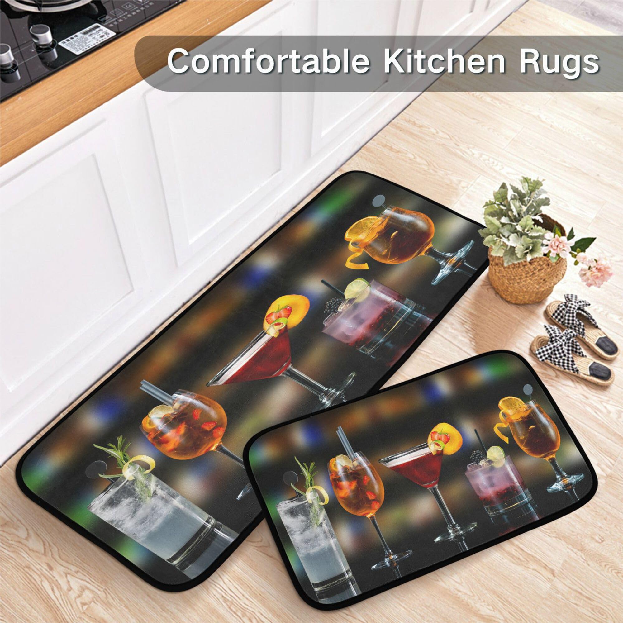 Cocktails Bar 2 Piece Kitchen Rugs and Mats Set Washable Runner Rug Carpets Set Bedroom Laundry Bathroom Area Rugs 19.7x47.2+19.7x27.6 Martini Spritz Bramble Gin Tonic