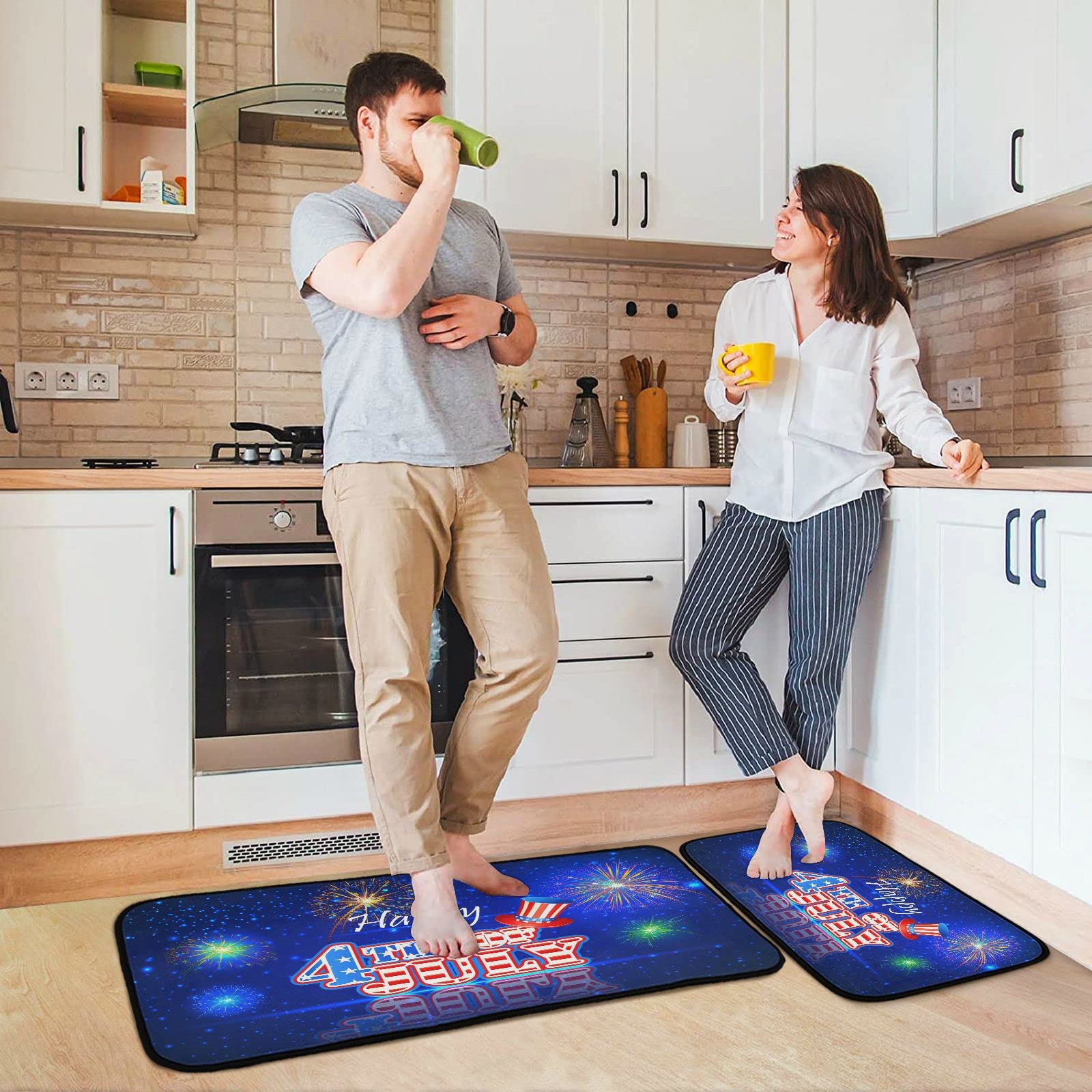 Independence Day July 4th Kitchen Rug Mats 2PCS Non Slip 47" x 20" + 28" x 20" Kitchen Carpet Floor Mat Hallway Rugs Anti Fatigue Doormat