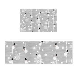 merry chirstmas kitchen rugs sets 2 piece floor mats cute xmas snowman snowflake snow grey doormat non-slip rubber backing area rugs carpet inside door mat pad sets-15.7" x 23.6"+15.7" x 47.2"