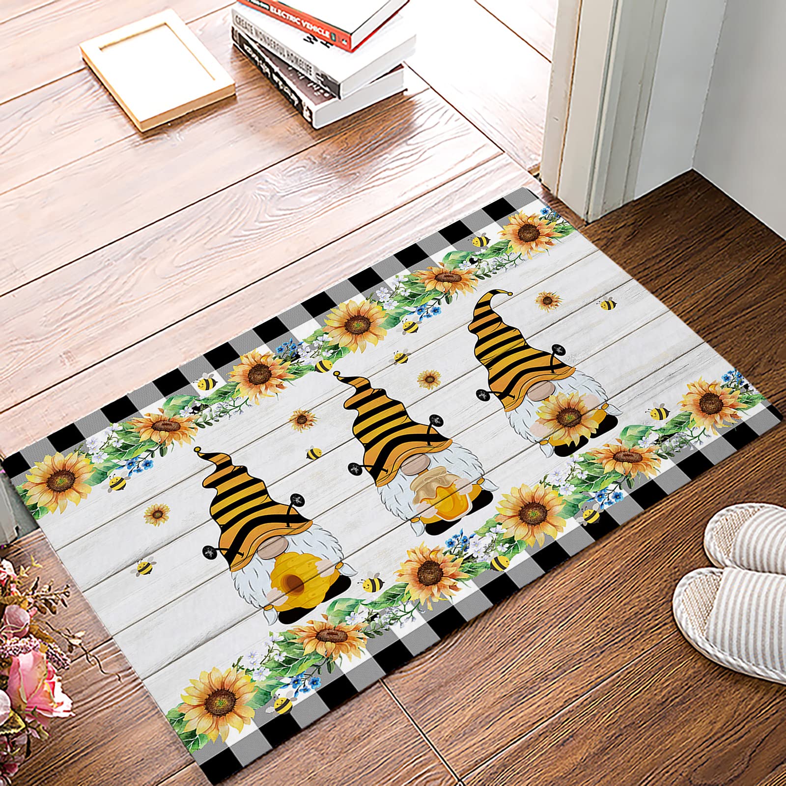 Sunflower Gnome Bee Plaid Black and White Wood grainBathroom Shower Mat Doormat Non Slip,Floor Rug Absorbent Carpets Floor Mat Home Decor for Kitchen Bedroom Rug, 16"X 24"