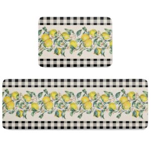 summer kitchen rugs and mats watercolor yellow lemon fruit flower 2 piece comfort standing floor mat non slip absorbent doormats for laundry/bathroom/bedroom decor vintage check linen