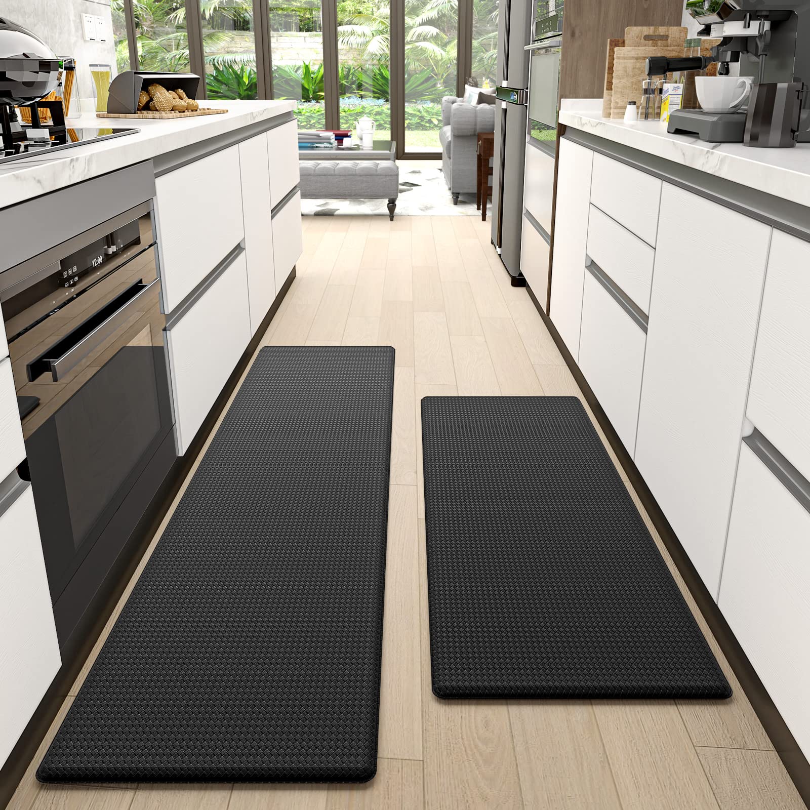 DEXI Kitchen Mat Cushioned Anti Fatigue Comfort Mat, Non Slip Kitchen Rug Set Memory Foam Kitchen Mats Set for Floor, Waterproof Kitchen Runner Rugs for Sink, 17"x47"+17"x70", Black