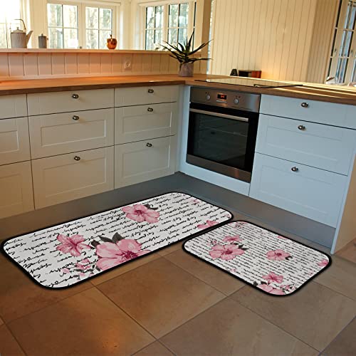 Vantaso Kitchen Floor Mat Rug Flower Set of 2 Cushioned Non-Slip Comfort Runner Rugs Pink