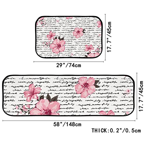 Vantaso Kitchen Floor Mat Rug Flower Set of 2 Cushioned Non-Slip Comfort Runner Rugs Pink