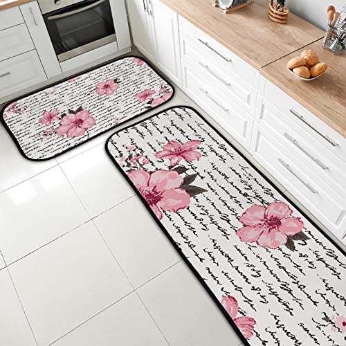 Vantaso Kitchen Floor Mat Rug Flower Set of 2 Cushioned Non-Slip Comfort Runner Rugs Pink