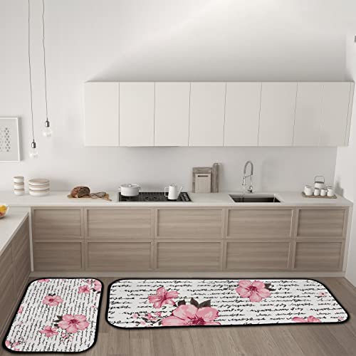 Vantaso Kitchen Floor Mat Rug Flower Set of 2 Cushioned Non-Slip Comfort Runner Rugs Pink