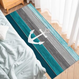 kitchen runner rug, farm nautical anchor compass rustic old wooden plank teal green gray non slip runner carpet door mats floor mat for laundry bedside bathroom bedroom 15.7"x47.2"