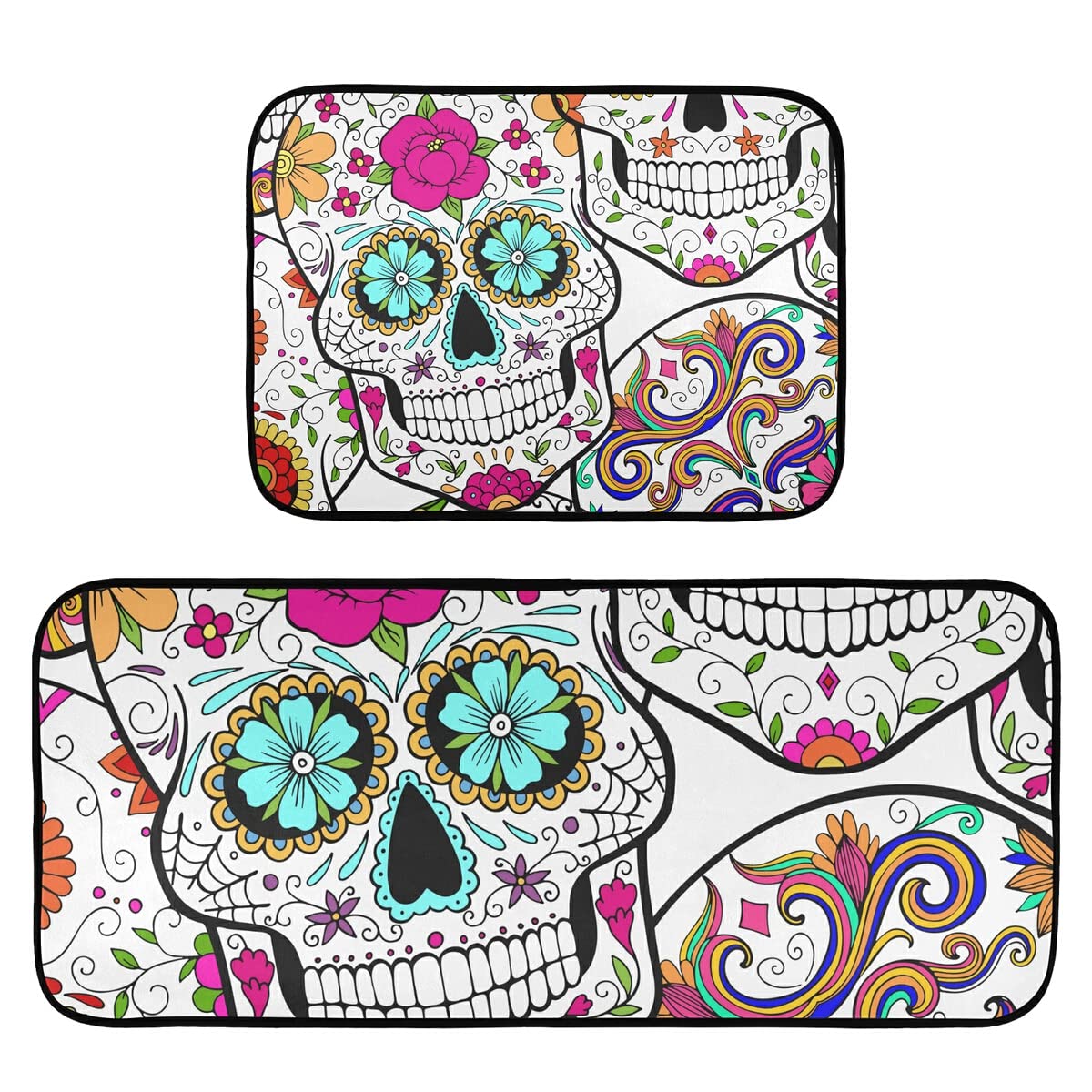 Emelivor Day Dead Sugar Skulls Kitchen Rugs and Mats Set 2 Piece Non Slip Washable Runner Rug Set of 2 for Kitchen Floor Home Decorative Laundry