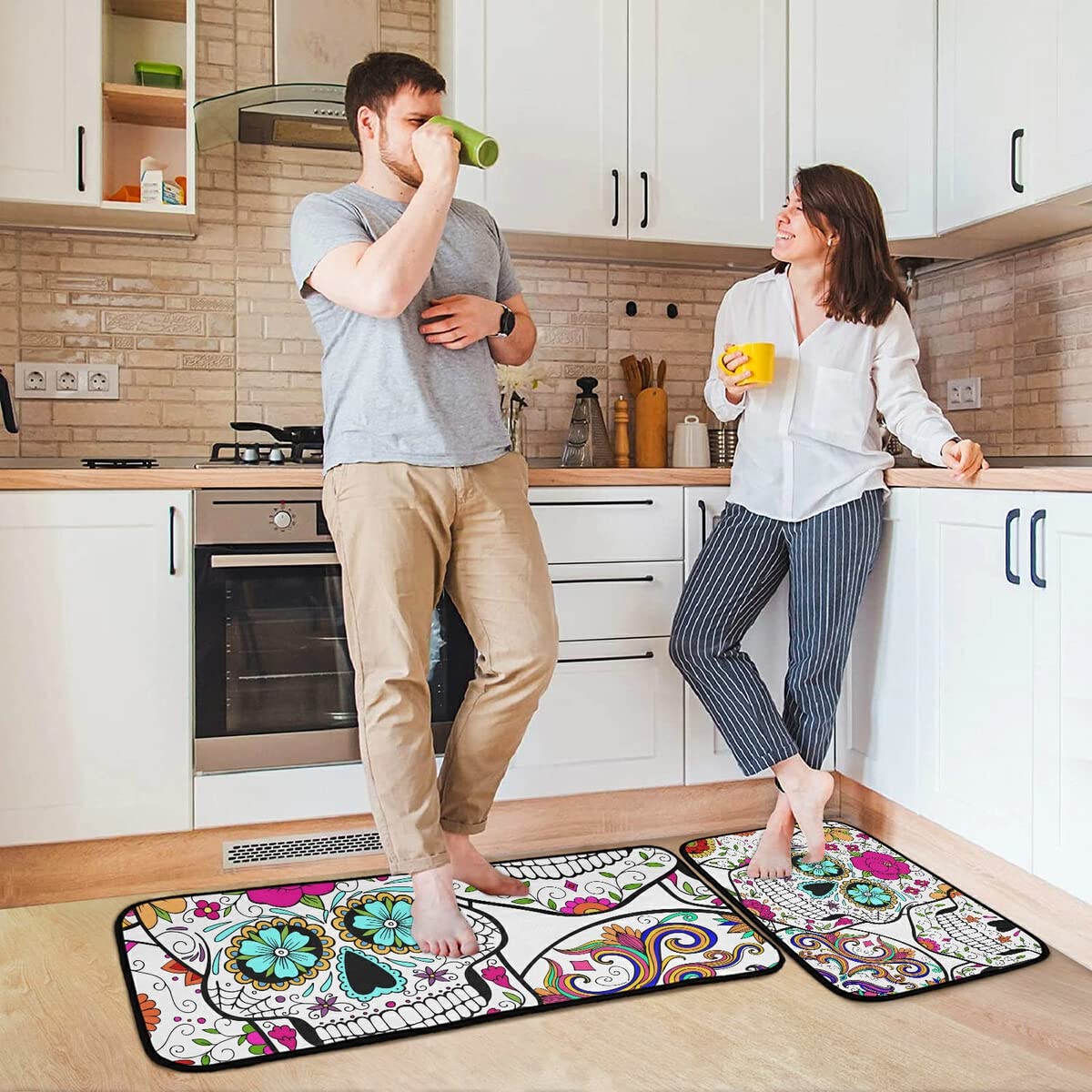 Emelivor Day Dead Sugar Skulls Kitchen Rugs and Mats Set 2 Piece Non Slip Washable Runner Rug Set of 2 for Kitchen Floor Home Decorative Laundry