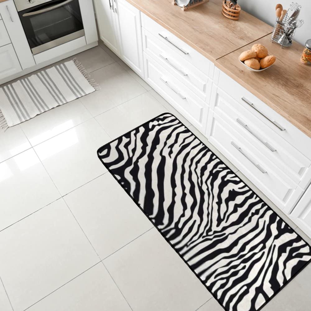 Long Kitchen Rugs Non Slip Washable Bath Mat Kitchen Runner Rug Zebra Texture Black White Stripes Water Absorption Quick Drying Anti Fatigue Comfort Flooring Carpet 39 x 20 inch