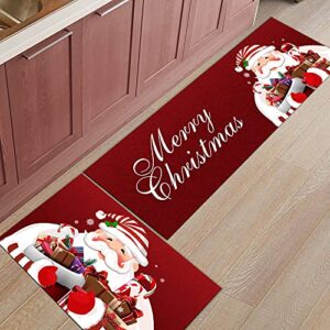 2 piece santa claus kitchen rug set merry christmas indoor floor mats for winter, xmas door mat runner rug carpet mat for kitchen home decor (15.7" x 23.6"+15.7" x 47.2") - santa claus hold gifts