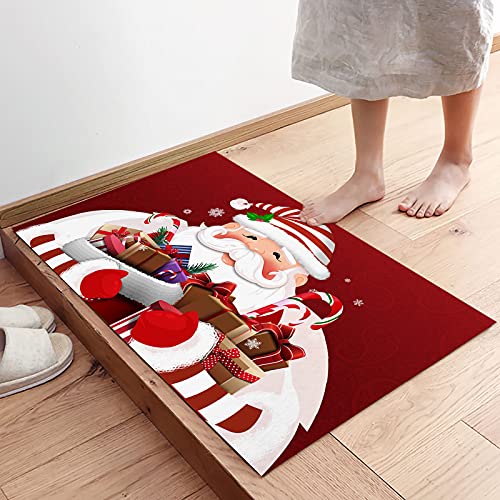 2 Piece Santa Claus Kitchen Rug Set Merry Christmas Indoor Floor Mats for Winter, Xmas Door Mat Runner Rug Carpet Mat for Kitchen Home Decor (15.7" x 23.6"+15.7" x 47.2") - Santa Claus Hold Gifts